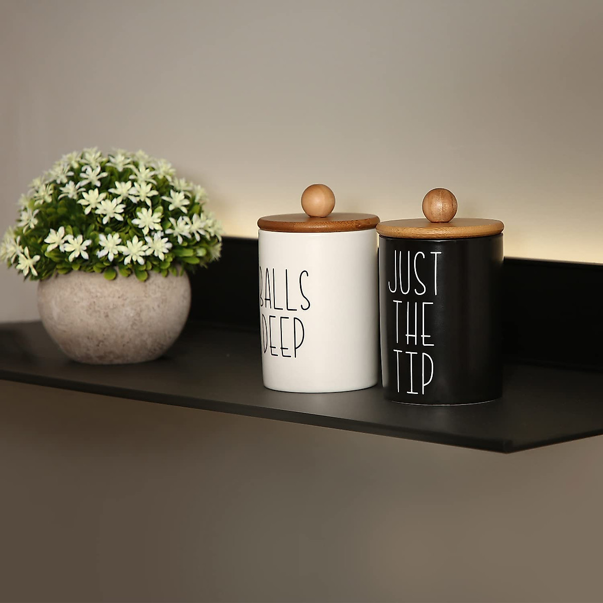 MOMEEMO Apothecary Jars with Lids for Bathroom Organization, Qtip Holder and Cotton Ball Holder are Great for Farmhouse Bathroom Decor, Rustic Bathroom Decor. (Ceramic)