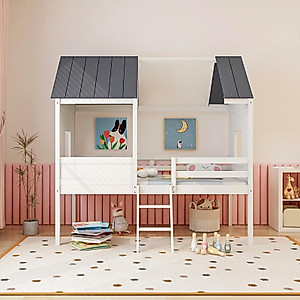 Giantex Twin House Bed Frame, Kids Low Loft Bed Frame with Roof, Side Windows & Ladder, Wooden Slatted Support Playhouse Bed for Girls, Boys, Teens, No Box Spring Needed, White
