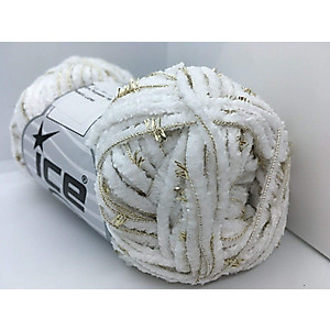 Metallic Accent Chenille Yarn - 50 Grams (1.75 Ounces) 65 Meters (71 Yards) White, Gold