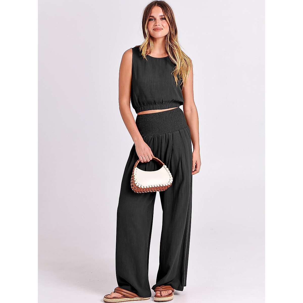 ANRABESS Women's 2 Piece Linen Lounge Set Casual Matching Pants Jumpsuit Summer Beach Travel Vacation Trendy Outfits Black Small