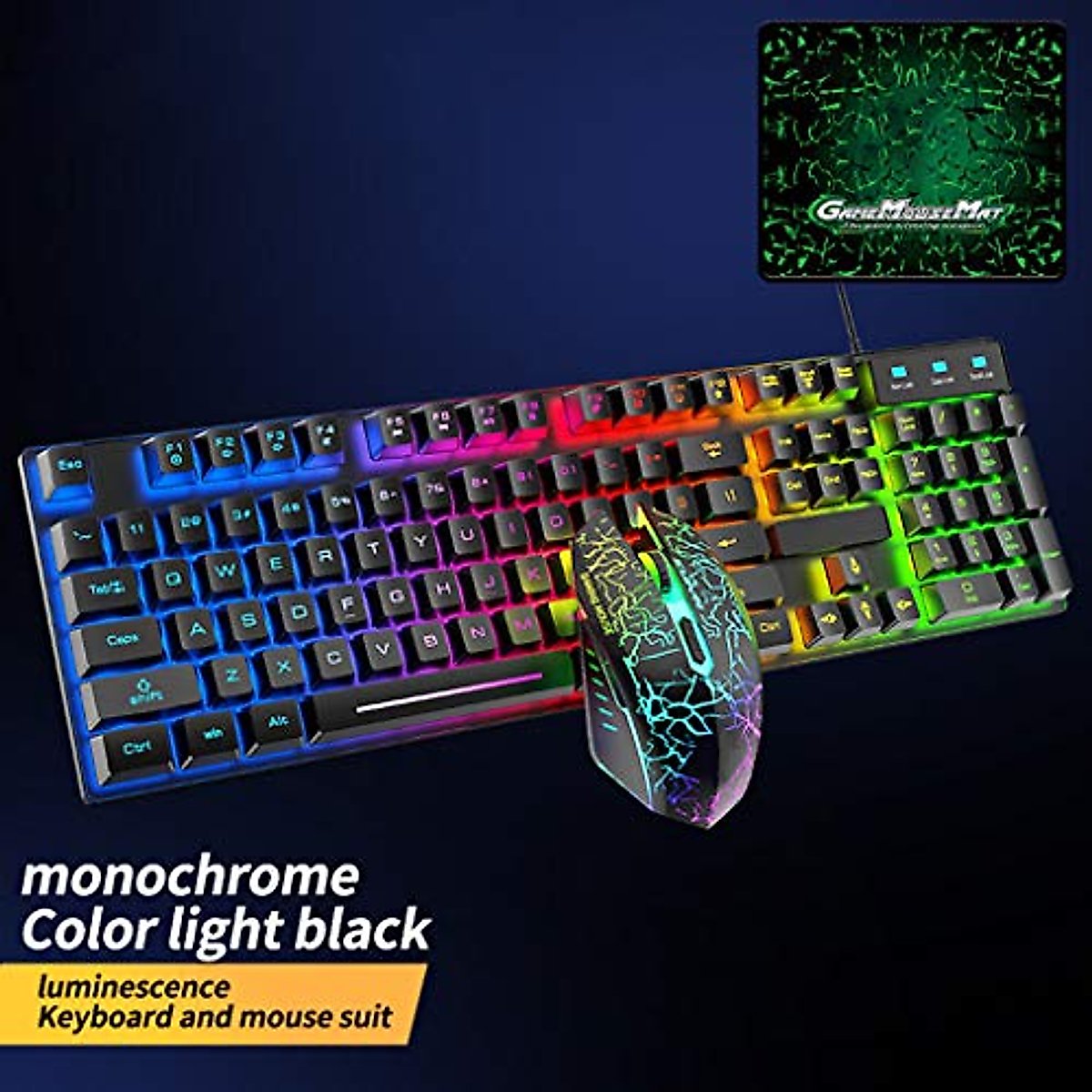 MAOSUO T6RGB Luminous Wired Gaming Keyboard and Mouse Set with Large Mouse Pad USB Colorful Backlit Easy-to-Operate Mechanical Feel Keyboard Accessories Kit for Laptop Computer Gamer Work