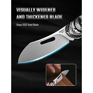 MecArmy EK3R EDC Pocket Folding Knife, Swedish SANDVIK 12C27 Steel Blade Hollowed-out Drop Blade Design, Stainless Steel Handle Pocket Clip, Outdoor Portable Camping Hiking Knife(Skull)