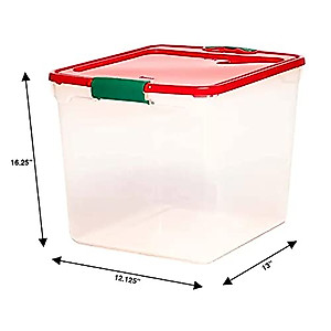 HOMZ 31 Quart Medium Latching Stackable Clear Plastic Holiday Decorations Storage Container Bin with Red Lid and Green Latch, 4 Pack