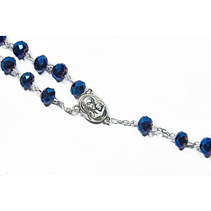 Nazareth Store Deep Blue Crystal Beads Rosary Catholic Necklace Holy Soil Medal Cross Crucifix Velvet Bag
