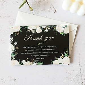BYBOUS 25 Pack Black Funeral Thank You Cards with Envelopes, 4×6In Watercolor Flowers Sympathy Bereavement Thank You Card on the Inside for Funeral Memorial Family Loved Ones Celebration of Life