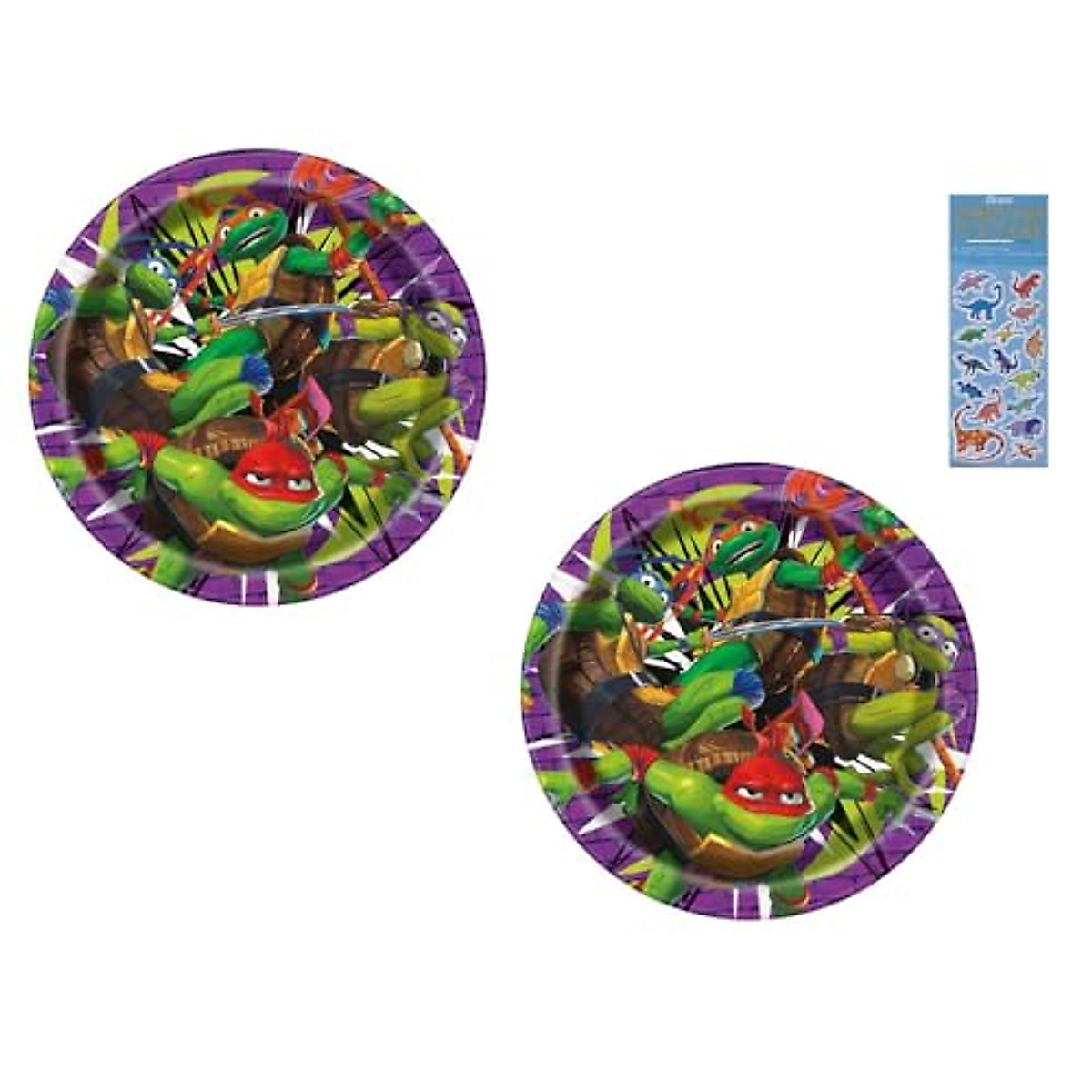 TMNT Teenage Mutant Ninja Turtles Birthday Party Supplies Bundle includes 16 Lunch Paper Plates 9" and 1 Dinosaur Sticker Sheet