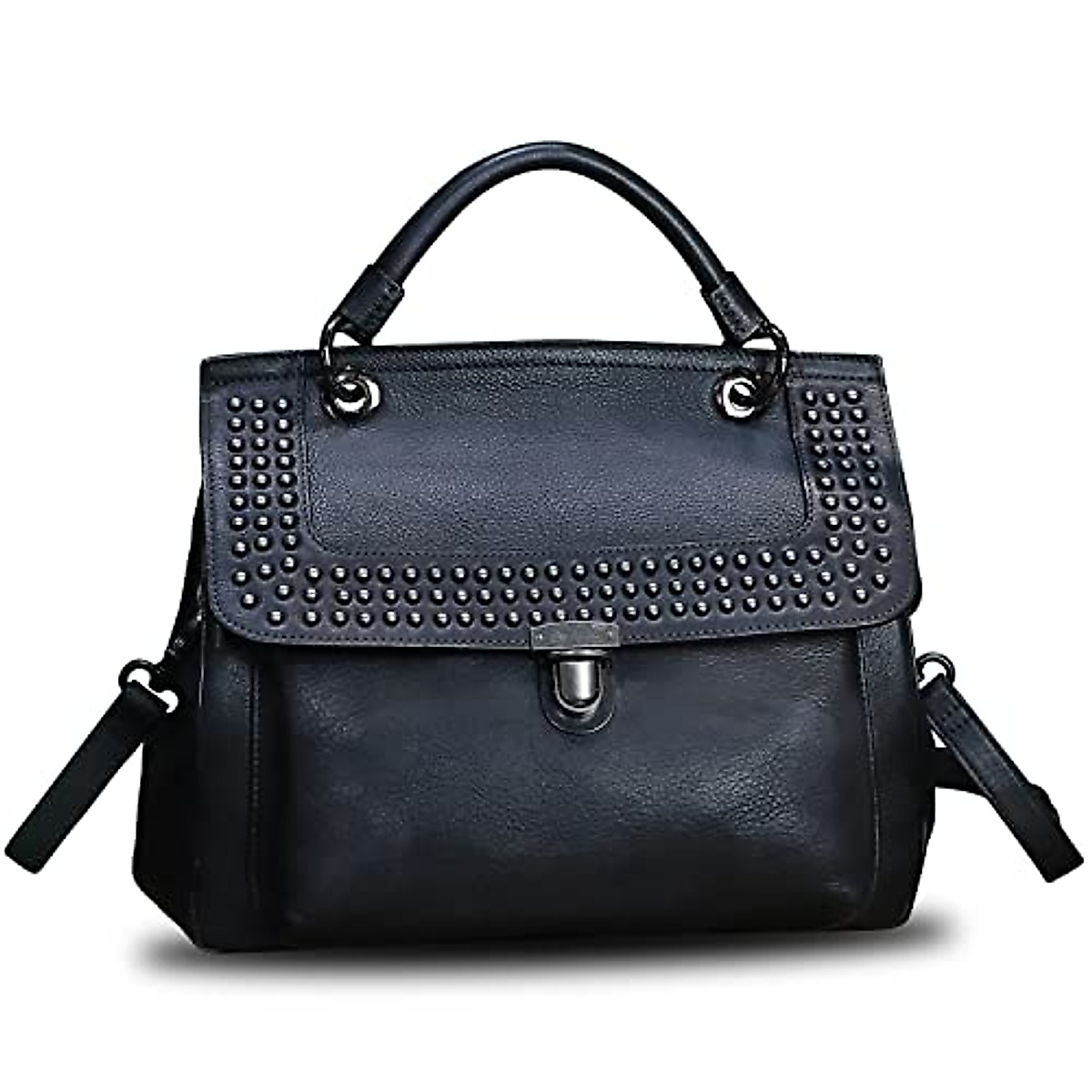 Genuine Leather Satchel Purse for Women Retro Handmade Top Handle Handbag Rivet Style Crossbody Bag (Darkgrey)