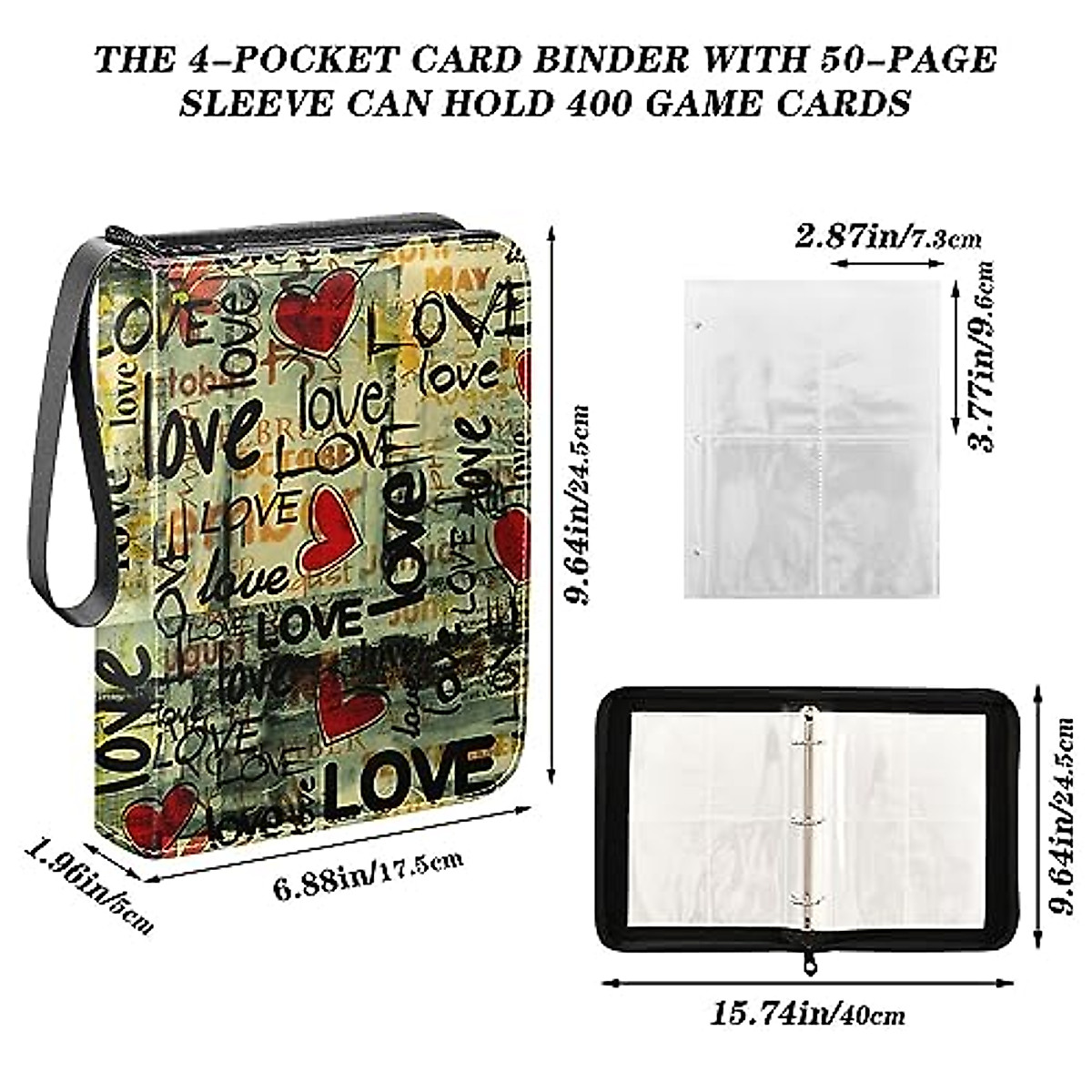 Valentine's Day Love Doodle Card Binder Waterproof Trading Card Blinder Zipper Binder for Cards Collection Sturdy Baseball Card Binder for Playing Game Cards Sport Soccer