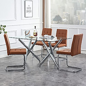 JUFU Modern Dining Chairs Set of 4，Upholstered PU Leather Kitchen Dining Room Chair with Inset Buttons C-Shaped Tube Plating Metal Legs ，for Dining Room Office Living Room Lounge Dresser Patio Club