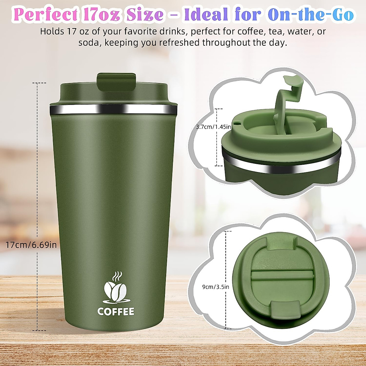 17oz Insulated Travel Coffee Mug with Flip Lid – Leakproof Stainless Steel Insulated Coffee Tumblers, Portable Thermos Cup for Hot & Cold Drinks, Perfect for Camping & On-the-Go
