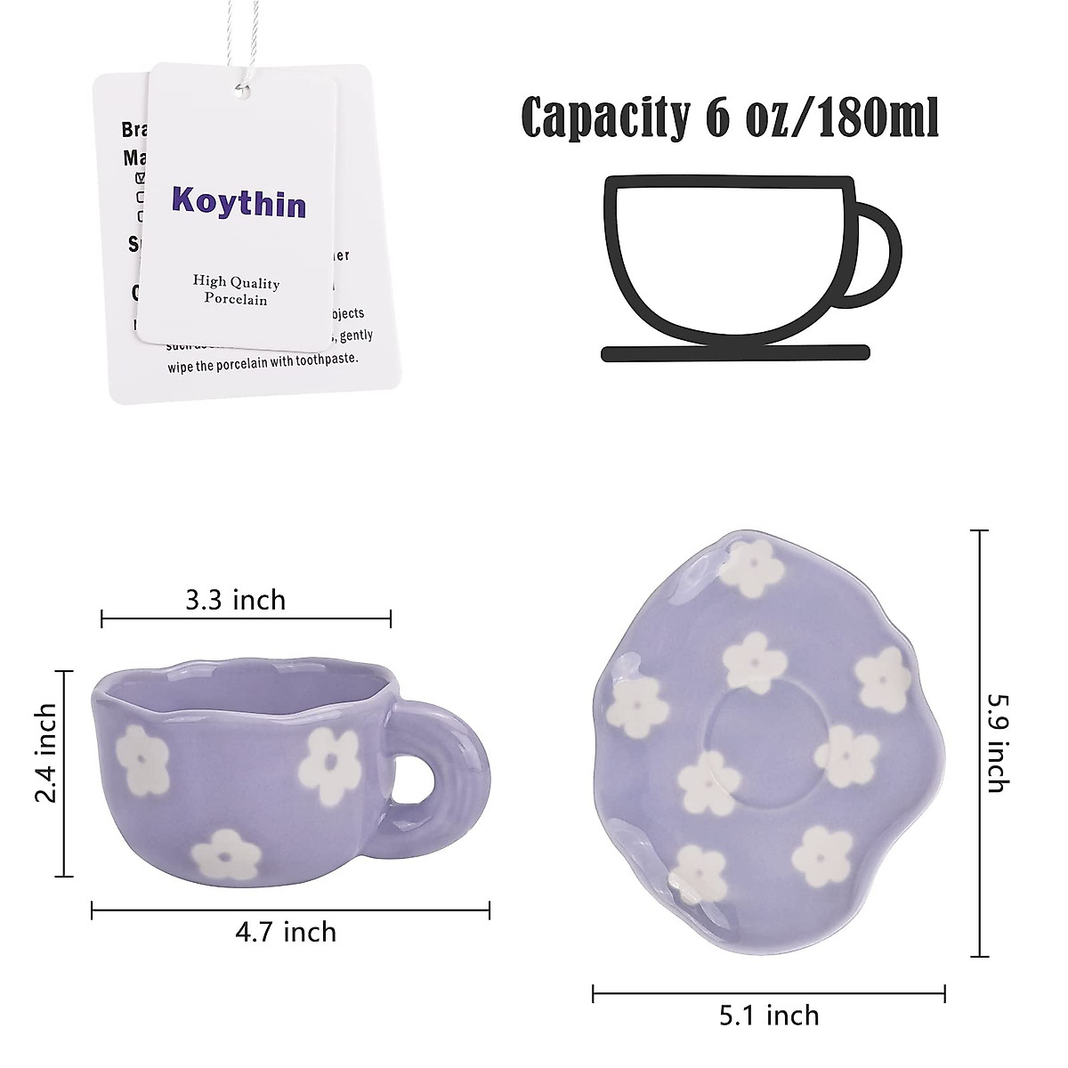 Koythin Ceramic Coffee Mug with Saucer Set, Cute Creative Cup Unique Irregular Saucer Design for Office and Home, 6 oz/180 ml for Latte Tea Milk, Mothers Day Gifts (Purple Flower)