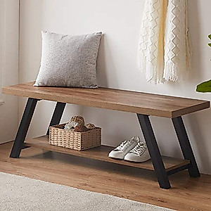 LVB Industrial Entryway Bench, Wood and Metal Storage Bench for Living Dining Room, Farmhouse Indoor Entry Way Shoe Benches Seat, Rustic Oak, 47 Inch Long