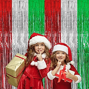 3 Packs 3.3ft x 6.6ft Christmas Foil Fringe Curtains Christmas Party Decoration Red Silver Green Tinsel Foil Fringe Curtains Shiny Metallic Backdrop Photo Booth Props for Christmas Party Supplies
