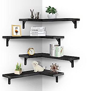 RayLove Corner Floating Shelves Wall Mounted Set of 4,Wood Corner Wall Shelves for Bedroom, Living Room, Bathroom, Kitchen, Office, BLACK001