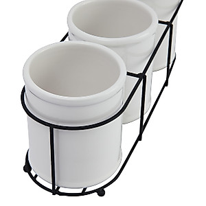Creative Co-Op Farmhouse Ceramic Crocks in Metal Holder, White and Black