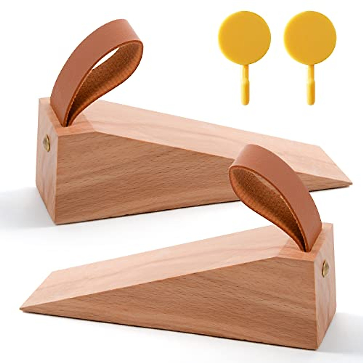 Wood Door Stopper, 2 Pack Door Stoppers Wedge with Adhesive Hooks, Solid Beech Wood Door Stop Wedge with Leather Band for Hanging, Wood Door Stoppers for Bottom of Door