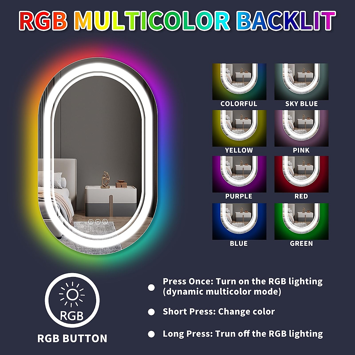 Onyltd 32 * 20 Inch Oval LED Bathroom Mirror Front Light Mirror and RGB Backlit Light Vanity Mirror Wall Mounted Light Up Mirror Shatterproof Dimmable Anti-Fog Smart Illuminated Makeup Wall Mirror