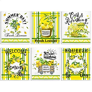 AnyDesign 6Pcs Lemon Swedish Kitchen Dishcloths Summer Fresh Lemons Dish Towels Yellow Lemon Pattern Cotton Absorbent Cleaning Cloth for Summer Holiday Home Party Housewarming, 6.7 x 7.7 Inch