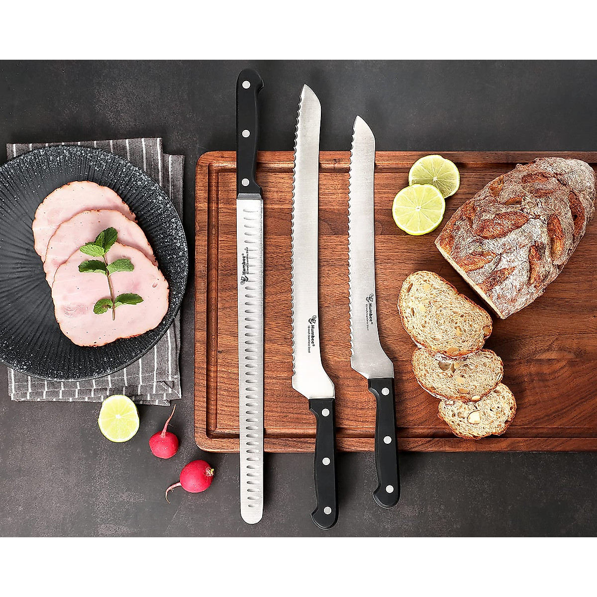 HUMBEE, 10 inch Offset Bread Knife Serrated Knife Wave Edge Blade