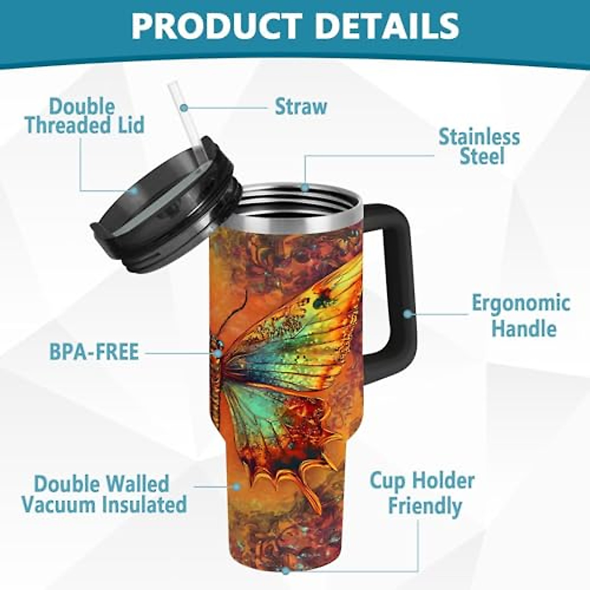 Flradish 30oz Tumbler with Handle, Dragonfly Totem Stainless Steel Tumbler with Lid and Straws Double Wall Vacuum Insulated Leakproof Coffee Travel Mug