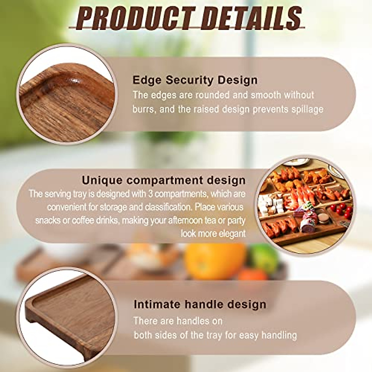 4 Pcs Solid Acacia Wood Serving Trays 14 x 5 Inch 3 Grids Rectangular Wooden Serving Platters for Home, Food, Vegetables, Fruit, Cheese, Appetizer Serving Tray, Charcuterie Board