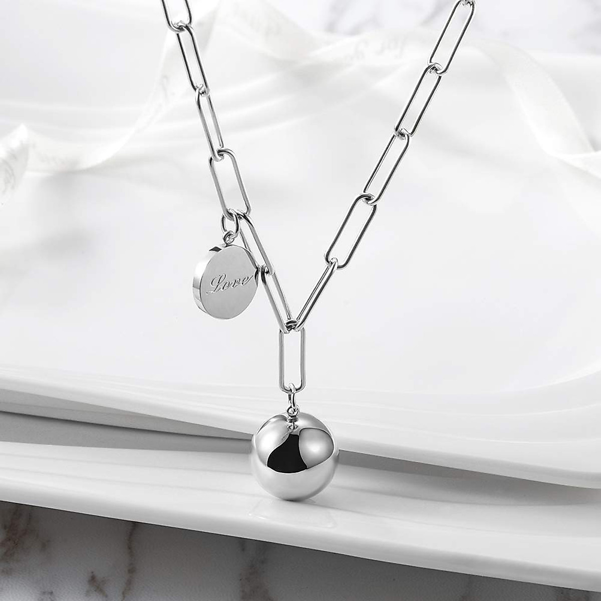 WISTIC Long Layered Chain Link Necklaces for Women Gold Rose Gold Harmony Ball Pendant Paperclip Necklace Adjustable Earth Map Chain Necklace (Ball Silver)