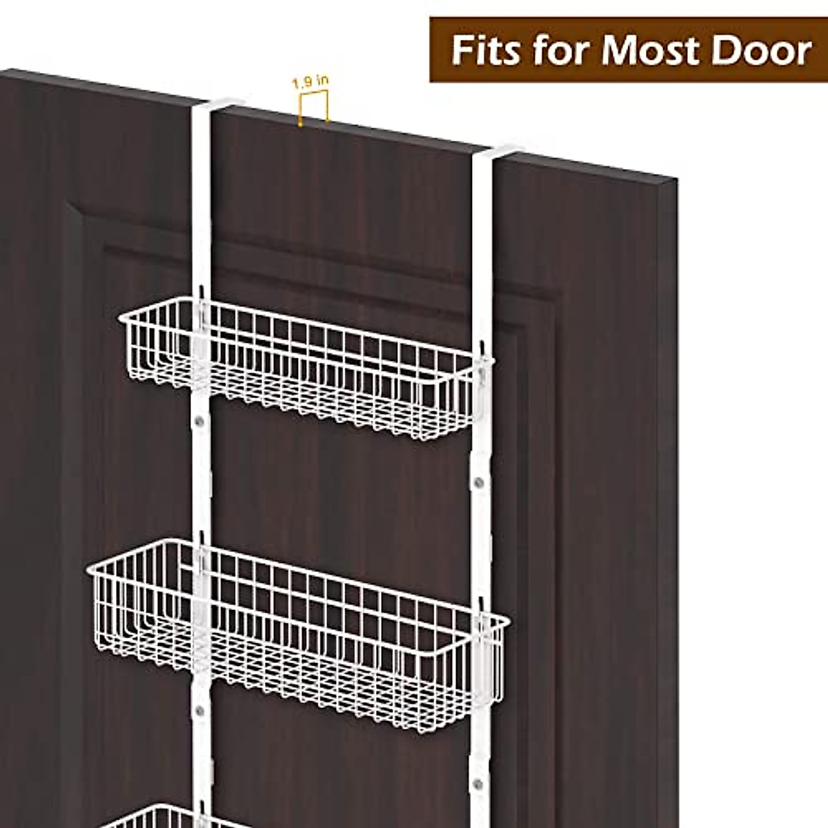Over The Door Basket Organizer 3 Tier Hanging Kitchen Storage Rack Heavy Duty Pantry Organizer with 3 Basket and 5 Hooks Door Back Metal Wire Basket for Kitchen, Bathroom, Office, White