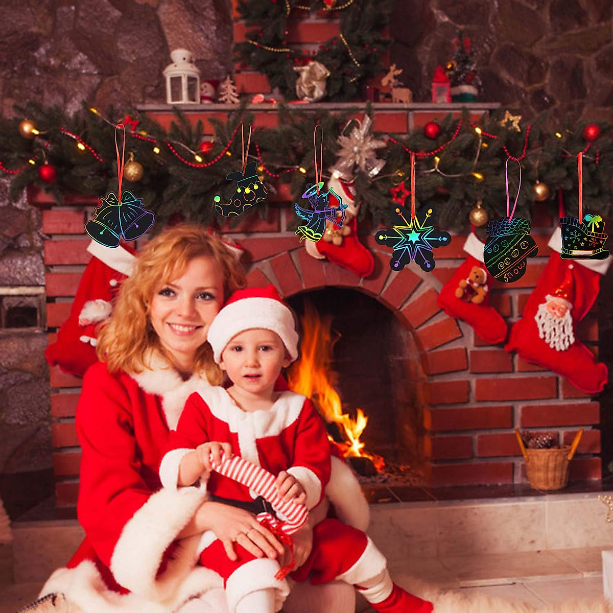 ACEHOOD 48 Sets Christmas Rainbow Scratch Paper Ornaments Kids Art Craft DIY Xmas Ornaments Christmas Party Decorations for Kids