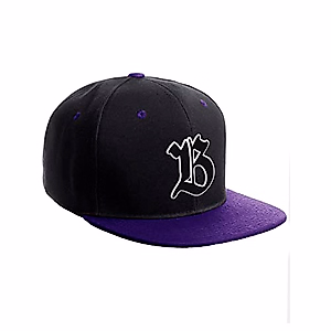 Daxton Classic Snapback Old English A to Z Numbers Initials Flat Bill Visor Cap-Black Purple Hat, Letter B