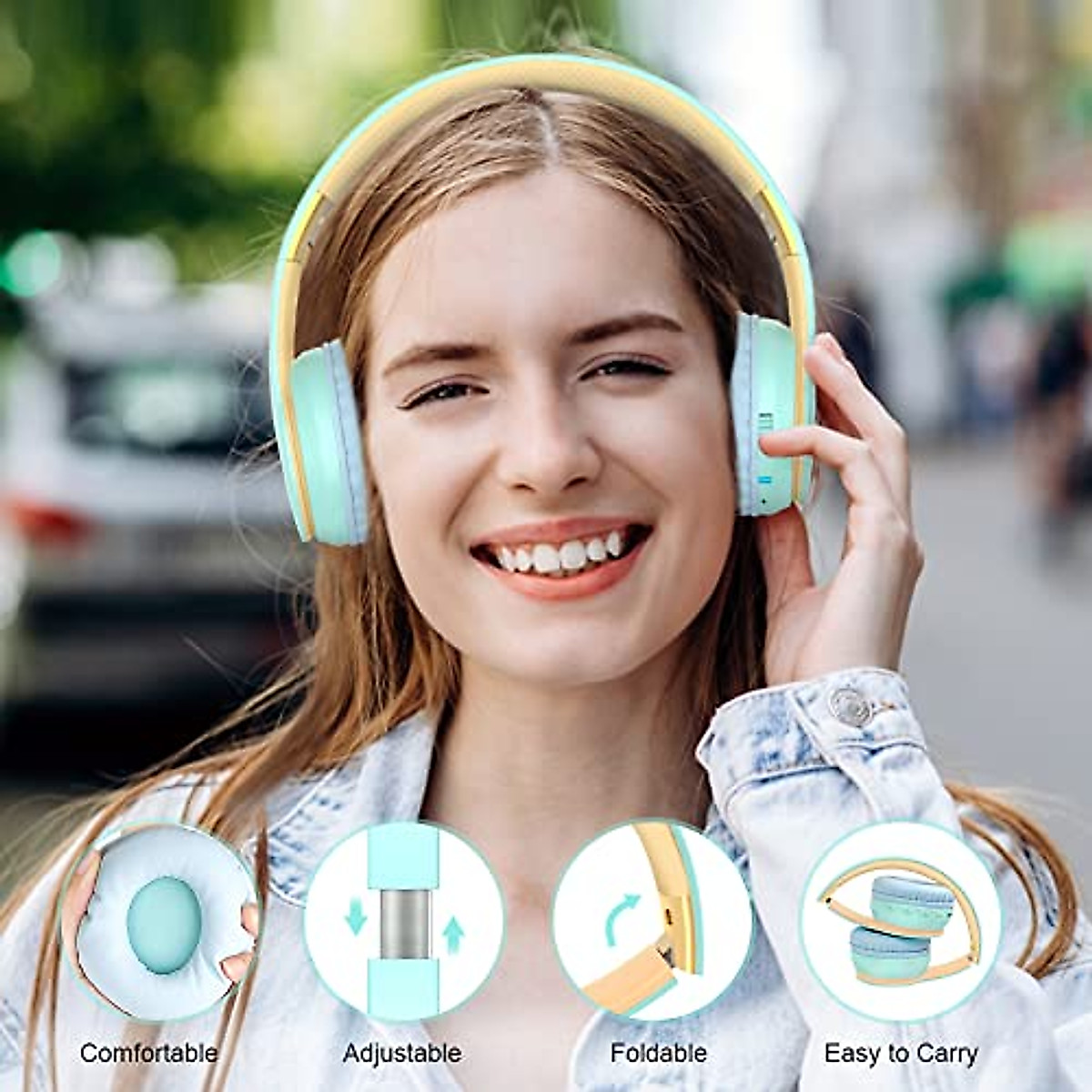 I love e iFecco Wireless Bluetooth Headphones Over-Ear, Foldable HiFi Stereo Headset with Built-in Microphone and Soft Protein Earpads for Travel, Home, Office (SkyBlue)