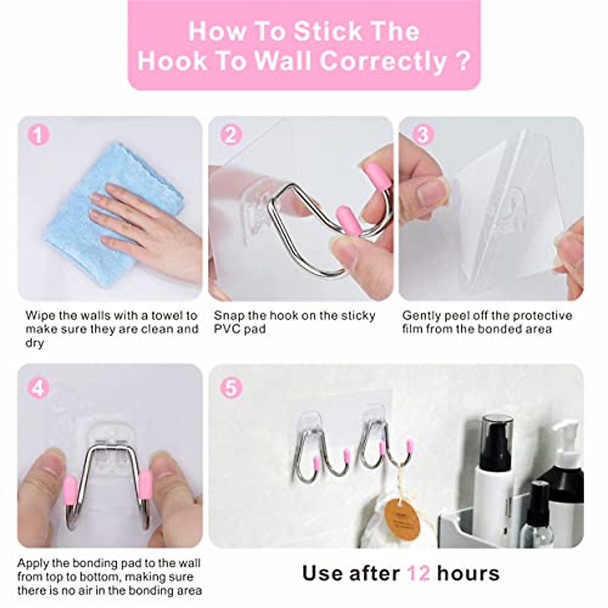 Adhesive Double Hook Wall Hooks, 12 Pack Heavy Duty Nailless Adhesive Hooks - Max 13lbs Capacity, Stainless Steel Non-Marking Bathroom Kitchen Reusable Water and Oil Resistant Seamless Hook Wall Hooks