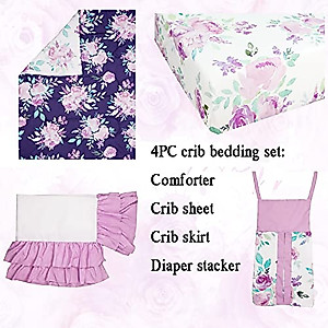 TANOFAR 5 Piece Crib Bedding Set for Girls, Baby Nursery Crib Bedding Set, Purple Flower Minky Blanket, Crib Skirt, Quilt, Crib Sheet and Diaper Stacke,Crib Bedding Set for Girls