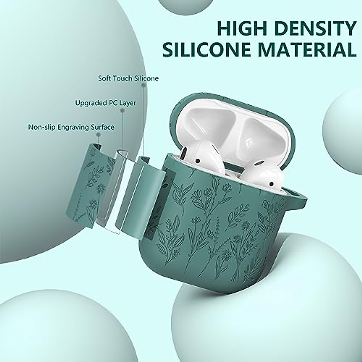 Flower Engraved Case for Apple AirPods 2nd Generation 2019, Soft Silicone Protective Case for AirPods 2nd/1st Gen Case Airpod Case with Clean Kit,Carabiner,Lanyard,Front LED Visible,Pine Green