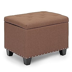 MoNiBloom 24 Inch Modern Storage Ottoman Bench, 40L Inner Space Brown Linen Foot Stool for Bedroom, Upholstered Padded Rectangular Fabric Tufted Bench Footrest with Wood Legs with 660 Lbs Capacity