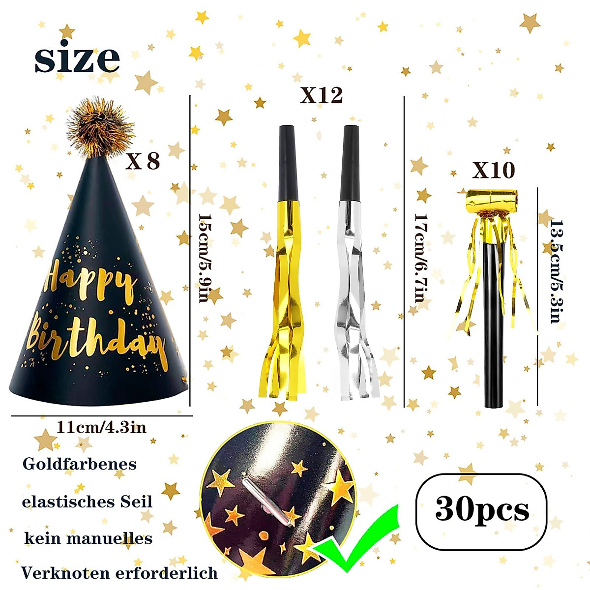 JOYEONDEF 30 Pcs Gold Birthday Party Hats Gold Cone Hats Includes 8 Birthday Paper Hats and 22 Gold Noise Makers (Black and gold suit)