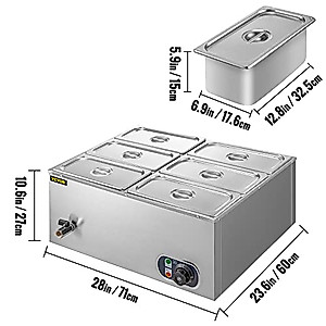 VEVOR 110V 6-Pan Commercial Food Warmer, 1200W Electric Steam Table 15cm/6inch Deep, Stainless Steel Buffet Bain Marie 32 Quart for Restaurants