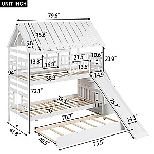 MERITLINE House Bunk Beds Twin Over Twin with Slide, Twin Bunk Bed with Storage Stairs and Trundle, Wood Kids Bunk Bed with Roof and Window Design for Girls, Boys,White