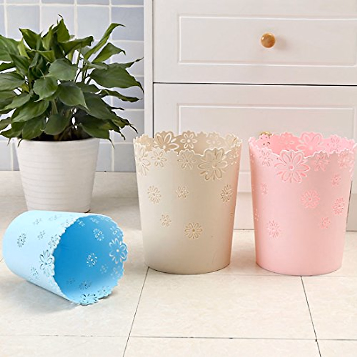 Wastebasket,Hmane Hollow Flower Shape Plastic Lidless Wastepaper Baskets Trash Can - L