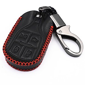 MJKEYAuto Black Leather 4 Buttons Smart Remote Key Fob Cover Chain Case for Maserati Ghibli, Levante, Quattroporte