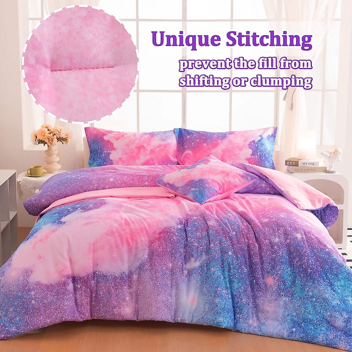 ASKOTU Purple Galaxy Full Bedding Sets for Girls Kids, 6 Pcs Bed in a Bag Full Size Comforter Sets with Sheets