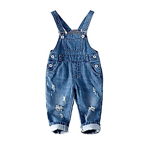 KIDSCOOL SPACE Baby Boy Girl Jean Overalls,Toddler Ripped Denim Cute Workwear,Light Blue,2-3 Years
