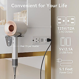 Dowinx Vanity Desk with LED Lighted Mirror & Power Outlet, White Vanity Desk with Adjustable 3 Lighting Modes, Small Vanity Desk for Bedroom, Makeup Vanity with Chair for Girl, Gold and White