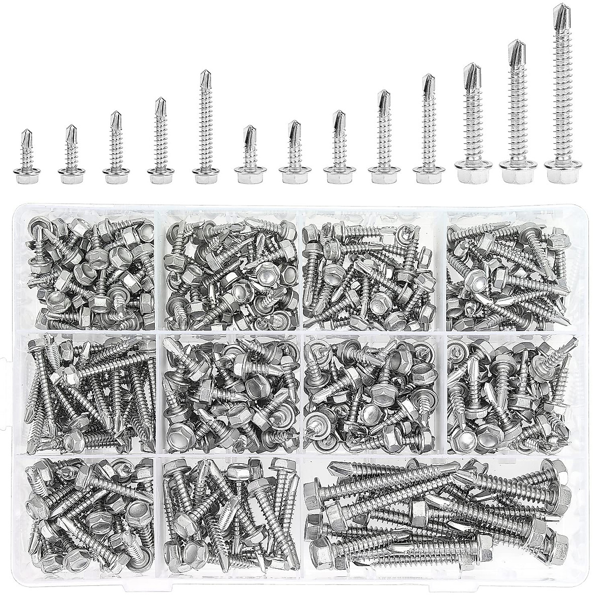 HELIFOUNER 320 Pieces #8#10#14 Hex Washer Head Self Drilling Sheet Metal Screws Assortment Kit, 410 Stainless Steel