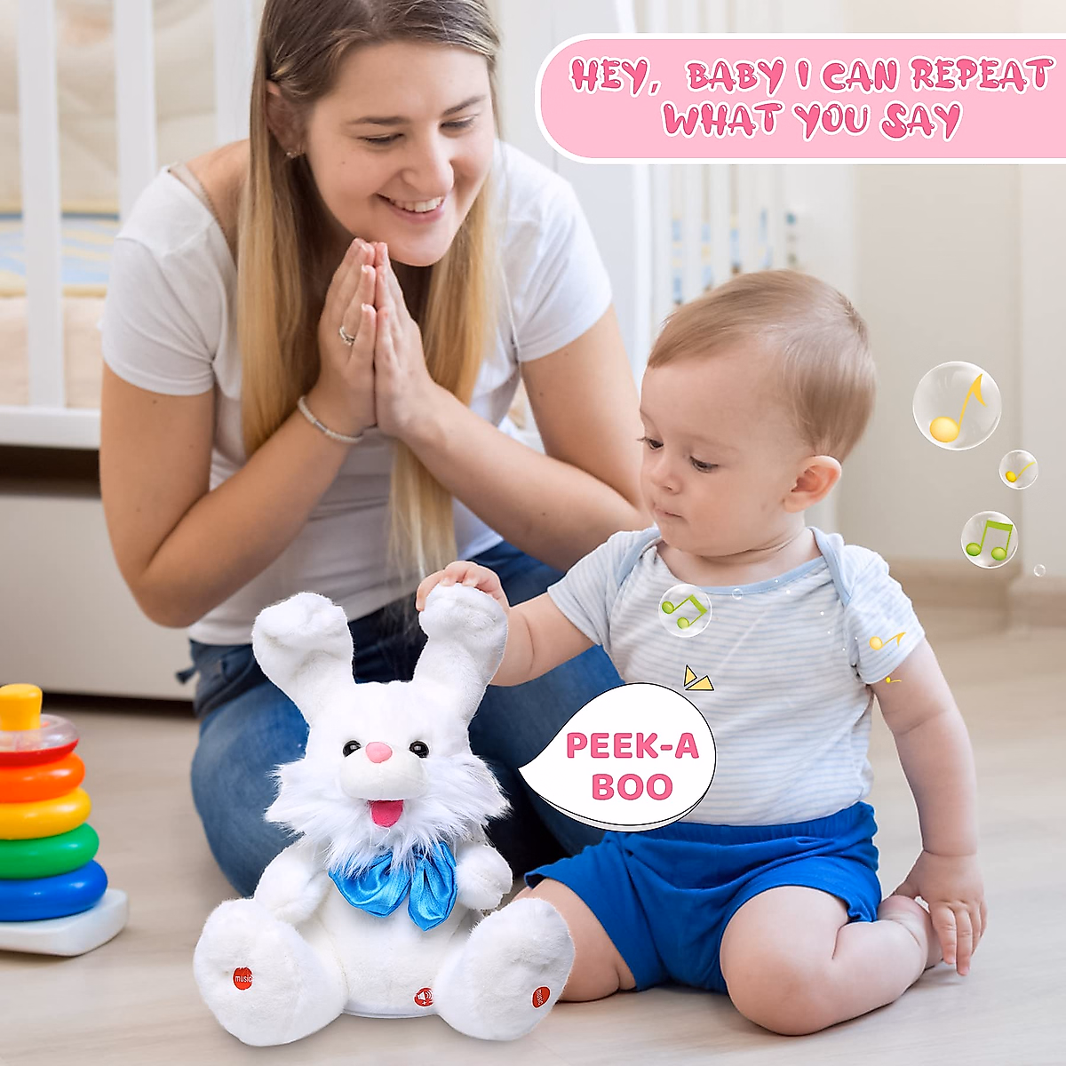 MIAODAM Peek A Boo Bunny Stuffed Animal, Singing Baby Toys for Girls, Children Song & Lullabies Stuffed Bunny Rabbit Repeats What You Say, Bunny Baby Toys 6-12 Months Talking Singing with Floppy Ears