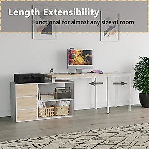 Mekminop L Shape Computer Desk with 3 Drawers and 2 Shelves, Home Office Desk Corner Small Desk with Storage Cabinet for Writing Study Executive – Walnut and White