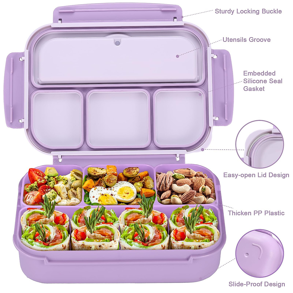 Bento Box Adult Lunch Box, Lunch Containers for Kids Girls Boys with 4 Compartments, Lunchable Food Container with Utensils, Sauce Jar, Muffin Liners, 40 Oz/5 Cup, Microwave Safe, Lavender