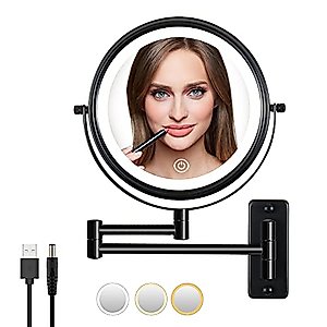 LANSI Rechargeable Wall Mounted Lighted Makeup Mirror, Mounted Makeup Magnifying Mirror with Lights,10X LED Vanity Mirror Wall Mounted, 8" Wall Bathroom Shaving Mirror (Black)