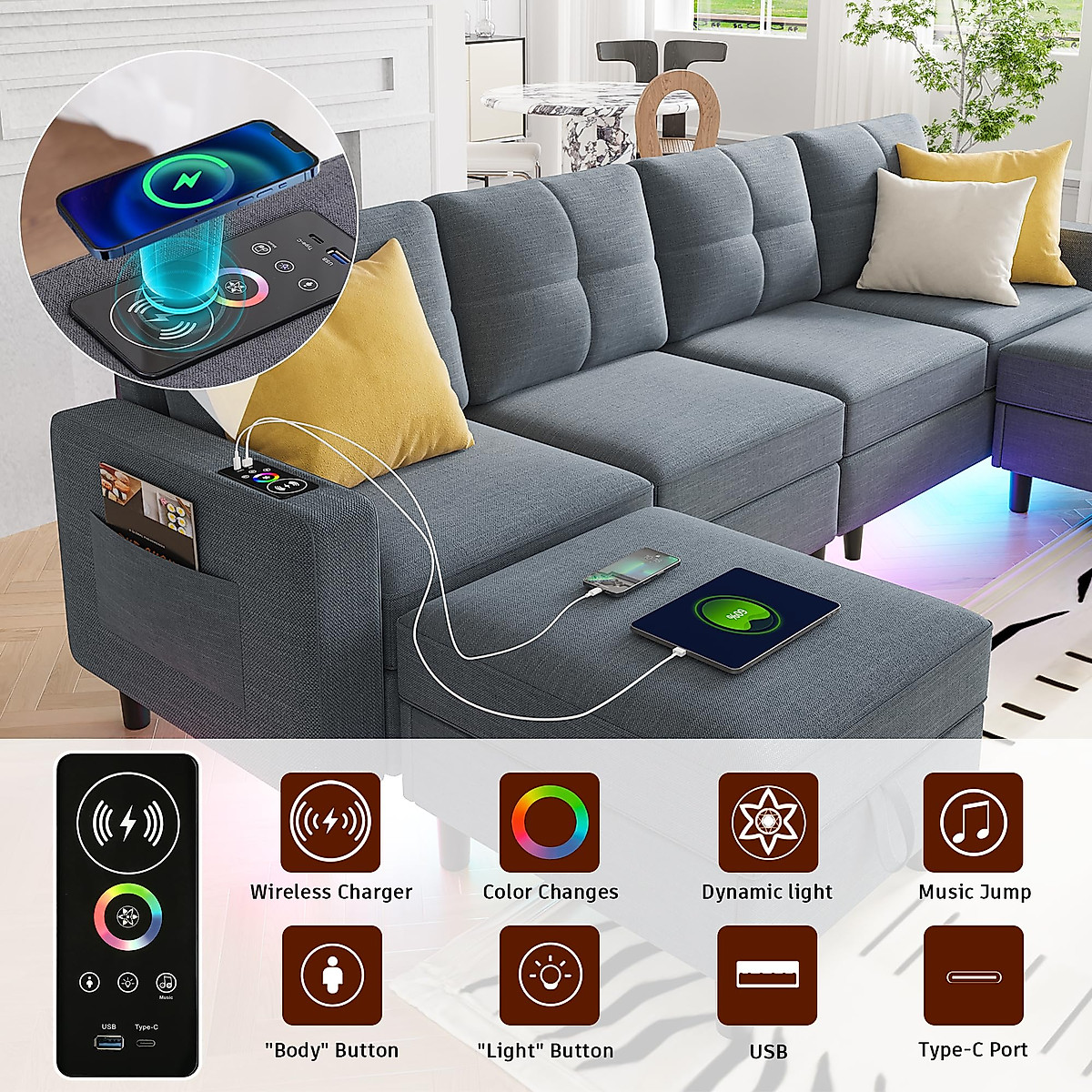 FOMNEY Sectional Couches for Living Room, LED Modular Sectional Sofa with Charging Station, 6 Seats U Shaped Couch with Storage, Ottomans, 6 Pieces Set Sectional Couch Grey Sofa Couch