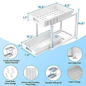 Under Sink Organizers and Storage, 2 Pack Pull-out Large Capacity Under Bathroom and Kitchen Cabinet Storage Drawer Organizer with Hooks, Multi-purpose Heavy Load Under Sink Shelf Organizer, White