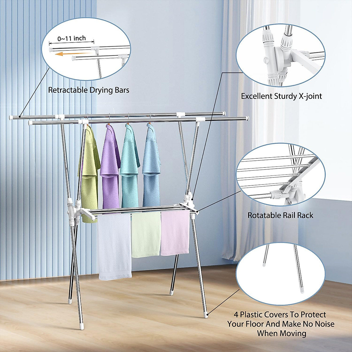 SZJoyBet Clothes Drying Rack 2 Tiers, Heavy Duty Drying Rack Clothing Folding Indoor Outdoor, Stainless Steel Laundry Drying Rack, Portable Garment Rack, Blanket Rack Clothesline(61 Inches)